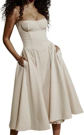 Minetom Femme Robe De Soirée Longue Sexy Dos Nu Chic Elégante Robe De Gala Promo Bretelles Robe De Cocktail Swing pour Bal Mariage Dress A1 Beige XS