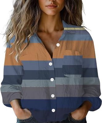 Generico Chemise Femme Curvy Manches Longues T Shirt en Lin Coton D&eacute;contract&eacute; grande taille Chemisier Col en V Doux Chemises Vintage Imprim&eacute; avec Boutons Mode 