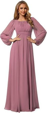 Ever-pretty Robe Demoiselle dhonneur Femme Longue Manches Longues Col Rond Mousseline Chic Orchidée 34