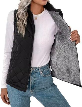 Generic Doudoune sans manches à col montant pour femme, veste zippée réversible, chaude et réversible, gris, taille M