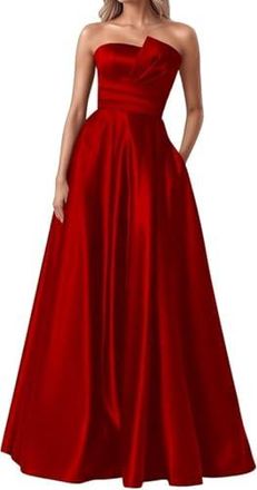 Generic Robe de bal longue sans bretelles en satin pour femme - Robe de soir&eacute;e formelle sans manches, Rouge, 56 Grande taille