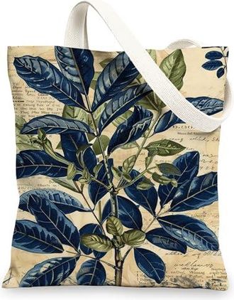 Generic Sacs fourre-tout en toile à motif de feuilles, respectueux de lenvironnement, sacs à provisions réutilisables, vintage naturel, léger, lavable C, bleu