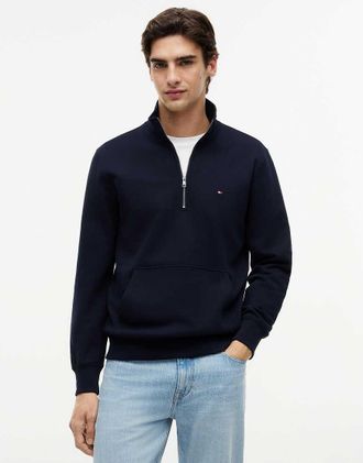 Tommy Hilfiger Sweat en tissu &eacute;ponge avec col zipp&eacute; et logo drapeau brod&eacute; - Bleu fonc&eacute;