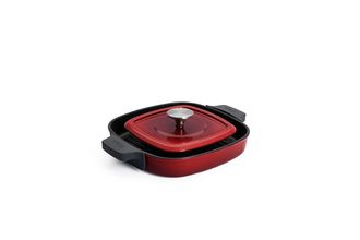 Woll Iron Grillpfanne 24 x 24 cm rot viereckig mit Rillen, Steakpresse & Silikongriffen - Induktion Eisenguss-Pfanne 4,5 cm hoch - robust, für alle Herdart