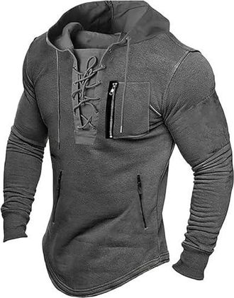 Generic Pull à capuche vintage pour homme - Coupe ajustée - À lacets - Manches longues - Pull tactique avec capuche - Sweat-shirt Henley rétro - Vêtements vik