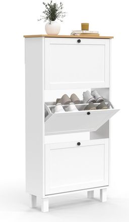 IDMarket Schuhm&ouml;bel 18 Paar ACHILLE 3 T&uuml;ren wei&szlig; und Holzplatte