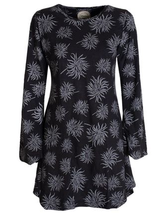 vishes Alternative Bekleidung - Langarm Damen Blumen-Tunika Shirt-Kleid Glocken&auml;rmel Baumwolle schwarz 36-38