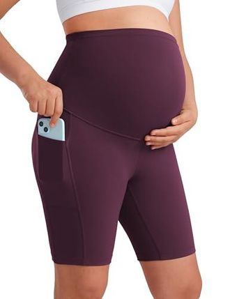 CRZ YOGA Femmes Butterluxe Short de Maternité avec Poches Yoga Entraînement Athlétique Courir sur Le Ventre - 20cm Violet foncé 40
