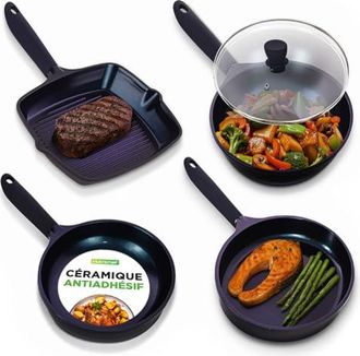 Nutrichef NutriChef Lot de 3 Po&ecirc;les + 1 Wok C&eacute;ramique Antiadh&eacute;sif avec Couvercle en Verre - Batterie de Cuisine R&eacute;sistante aux Taches, Sans PTFE/PFOA/PFOS - Dia
