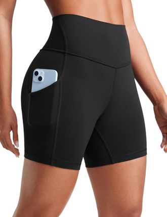 CRZ YOGA Damen Butterluxe Sport Radlerhose High Waist Yoga Gym Kurze Leggings Blickdichte Biker Shorts mit Tasche - 13cm Schwarz 40