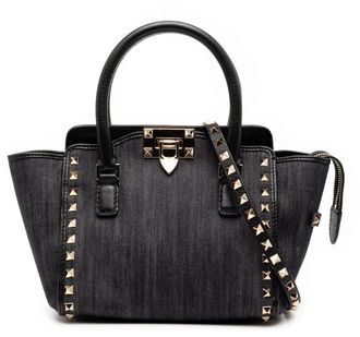 Valentino Garavani Hobo Bags - Small Denim Rockstud Trapeze Satchel - Gr. unisize - in Schwarz - f&uuml;r Damen