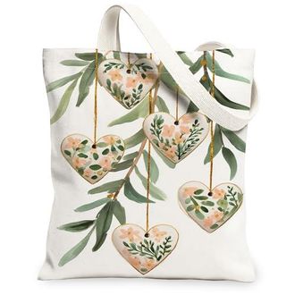 Generic Sacs fourre-tout en toile motif floral en forme de coeur, sacs &agrave; provisions r&eacute;utilisables au design botanique &eacute;l&eacute;gant, sacs &agrave; provisions printemps-&eacute;t&eacute;