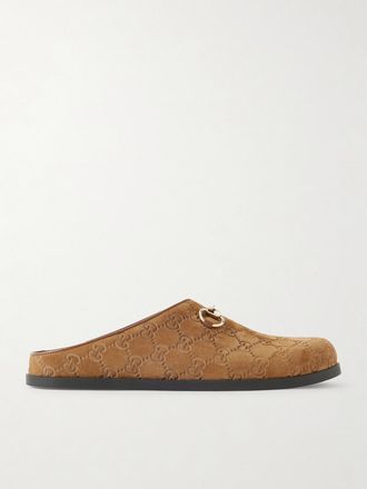 Gucci Slippers Aus Veloursleder Mit Logopr&auml;gungen Und Horsebit-detail - Braun