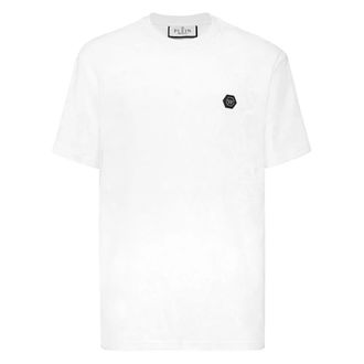 Philipp Plein Homme, Tops, Blanc, Taille: XL Round Neck Jacquard T-Shirt Crest