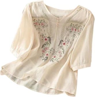 Generic Chemisier brod&eacute; boh&egrave;me en lin pour femme - Col rond - Motif floral - Tunique d&eacute;t&eacute; indienne &agrave; volants sur le devant pour femmes &acirc;g&eacute;es - Coupe ample - G