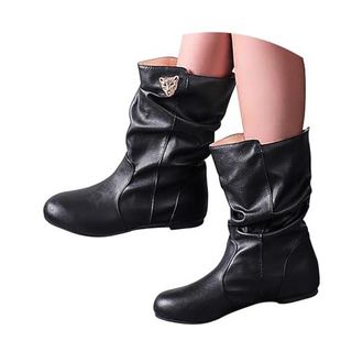 Generic Bottines pour femme en cuir souple fronc&eacute; &agrave; talon bas d&eacute;contract&eacute; confortable pour lhiver et lautomne Bottes courtes &agrave; bout rond pour sortir, randonn&eacute;