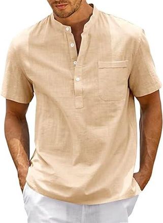 Generic Chemise en lin pour homme &agrave; manches courtes - Chemise d&eacute;t&eacute; en coton - Chemise de travail respirante avec boutonni&egrave;re - Chemise sur pied - Chemise surd