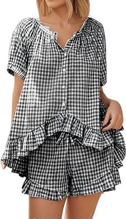 Generic Ensemble de pyjama 2 pièces à carreaux pour femme en coton bouffant, chemise à volants et pantalon vichy, Noir, XXL