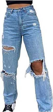 Generic Pantalon en jean déchiré pour femme Taille haute Taille élastique Coupe ample Pantalon décontracté Baggy Denim Pantalon tendance Jambe large déchiré P
