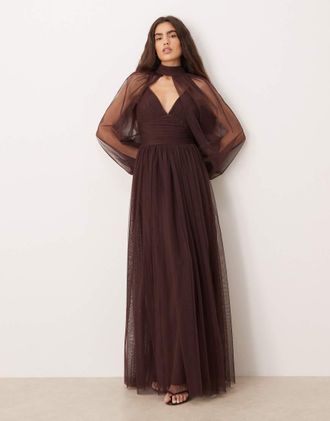 Lace & Beads Robe longue en tulle avec manches ballon transparentes et amovibles - Chocolat-Brown