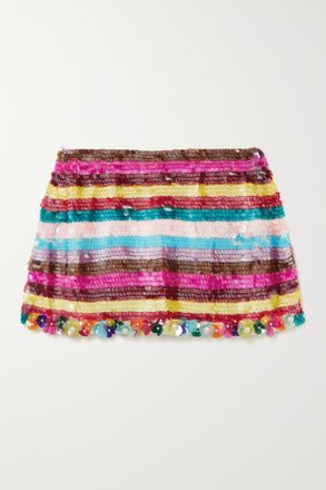 Ashish Mini-jupe En Georgette À Rayures, Sequins Et Ornements - Rouge