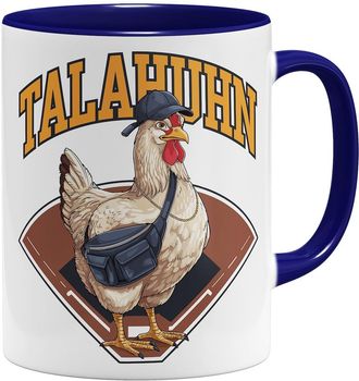 OM3 Talahuhn Kaffee-Tasse mit Spruch - Tala Huhn Meme Talahon Jugendwort Trend I | Keramik Becher | 325ml | Beidseitig Bedruckt | Dunkelblau