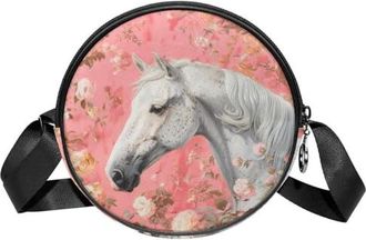 Generic Sac &agrave; bandouli&egrave;re rond pour femme, motif cheval et fleurs, petit sac &agrave; dos &agrave; bandouli&egrave;re avec fermeture &eacute;clair, bretelles r&eacute;glables, sac &agrave; main rond d