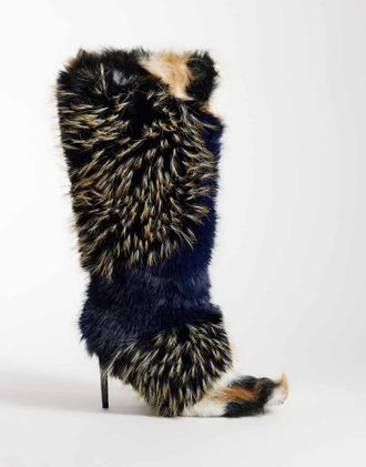 Azalea Wang Azalea Wang Upendo kniehohe Stiefel mit Stilettoabsatz und Faux-Fur in Marineblau-Multicolor