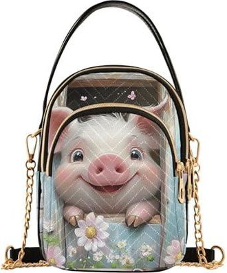 Mnsruu Sac à bandoulière pour femme - Motif cochon joyeux avec fleurs - Petit sac à bandoulière - Sac à main avec sangle réglable