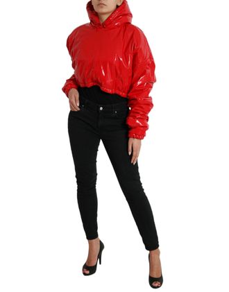 Dolce & Gabbana Womens Shiny Red Hooded Cropped Short Coat Jacket