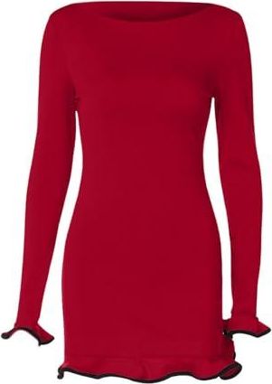 Generic Robe amincissante &agrave; manches longues pour femme - Robe dautomne &agrave; col rond - Mini jupe tricot&eacute;e - Pull dhiver fin et d&eacute;contract&eacute;, Rouge, XS