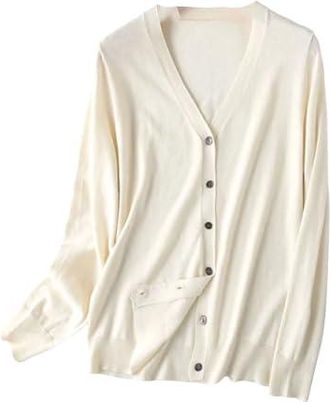 Generic Cardigan l&eacute;ger en soie pour femme avec col en V boutonn&eacute; et manches longues, Cr&egrave;me, S