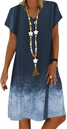 Minetom Robe Été Femme de Plage Rétro Bohême Robes Col V Robes au Genou Manches Courte Bloc de Couleur Casual Grande Taille Tuniques Ample E Bleu 3XL