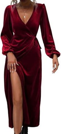 ORANDESIGNE Robe Velours Longue Femme Elegant Robe Noel Moulante Chic Hiver Vintage Robes de Soiree Cocktail Ceremonie B Bordeaux L
