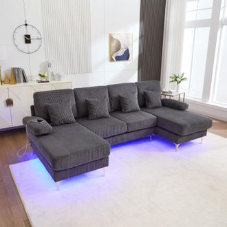 STILVORA Canap&eacute; Panoramique en U avec &Eacute;clairage LED et Port USB, 4 Coussins, Dossier Ergonomique en Velours Gris
