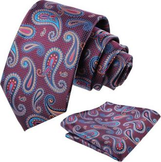 Alizeal Ensemble cravate et mouchoir en jacquard cachemire pour homme - Cravate r&eacute;tro et carr&eacute; de poche, 144-Bordeaux + Bleu sarcelle, taille unique