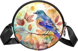 Generic Petit sac &agrave; bandouli&egrave;re circulaire pour femme, motif feuilles doiseaux aquarelle, petit sac &agrave; dos &agrave; bandouli&egrave;re avec fermeture &eacute;clair, bretelles r&eacute;gla