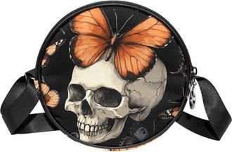 Generic Sac &agrave; bandouli&egrave;re rond pour femme, motif t&ecirc;te de mort papillon, sac &agrave; dos r&eacute;tro avec fermeture &eacute;clair, bretelles r&eacute;glables, sac &agrave; main rond d&eacute;contract