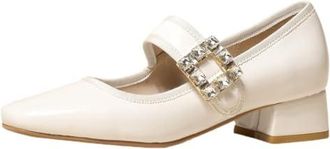 Generic Mary Janes carrées carrées à Bout fermé pour Femmes avec Boucle en Strass Bas Chunky Bloc Talons Glisser sur élégante Robe de fête Mariage Chaussures 