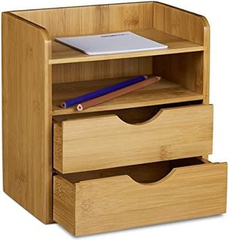 Relaxdays Schreibtisch-Organizer, 2 Ablagen, 2 Schubladen, HBT: 21 x 20 x 13cm, Briefablage fürs Büro, Bambus, natur
