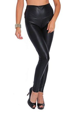 FUTURO FASHION Legging Long Taille Haute - Sexy - Latex/Imitation Cuir - Mat - Taille 46 - Noir Mat