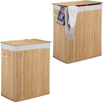 Relaxdays Corbeille &agrave; linge bambou avec couvercle, lot de 2, rectangulaire, 2 compartiments, volume de 95 litres, pliable, nature