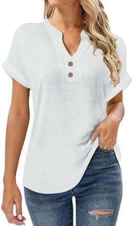 Generic Haut en coton et lin pour femme - Tunique enroulable &agrave; manches courtes - Grande taille - Col Henley - Avec bouton - Col en V - Coupe ample - Pour l&eacute;t&eacute;