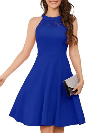Bbonlinedress Abendkleider elegant f&uuml;r Hochzeit Neckholder Sommerkleid Damen Cocktailkleid Knielang festliches Kleid Strandkleid Ballkleid Royalblue 3XL