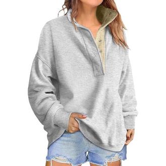 Generic Sweat-shirt d&eacute;contract&eacute; &agrave; boutons pour femme, pull surdimensionn&eacute; &agrave; manches longues, coupe ample, haut dautomne doux, gris clair, 3XL