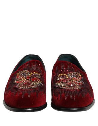 Dolce & Gabbana Mens Maroon Sequin Gemstone Dress Loafers Shoes Leather