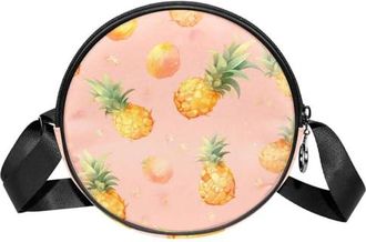 Generic Petit sac &agrave; bandouli&egrave;re rond pour femme, motif ananas de dessin anim&eacute;, avec fermeture &eacute;clair, bretelles r&eacute;glables, sac &agrave; main rond d&eacute;contract&eacute; pour fe