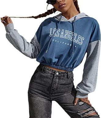 ORANDESIGNE B Bleu Sweat à Capuche Court Femme Los Angeles California Lettre Graphique Col Rond Sweat-Shirt Epaule Tombante Pull Ample Top Preppy Manches Longues 