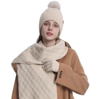 Generic &Eacute;charpe chaude dhiver en tricot et bonnet avec doublure polaire thermique pour les sports d&eacute;quitation en plein air par temps froid, beige, taille uniq