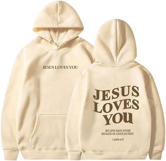 Generic HUIFUAO Sweat à capuche surdimensionné à manches longues avec cordon de serrage et inscription « Jesus Loves You » pour femme, beige, XS